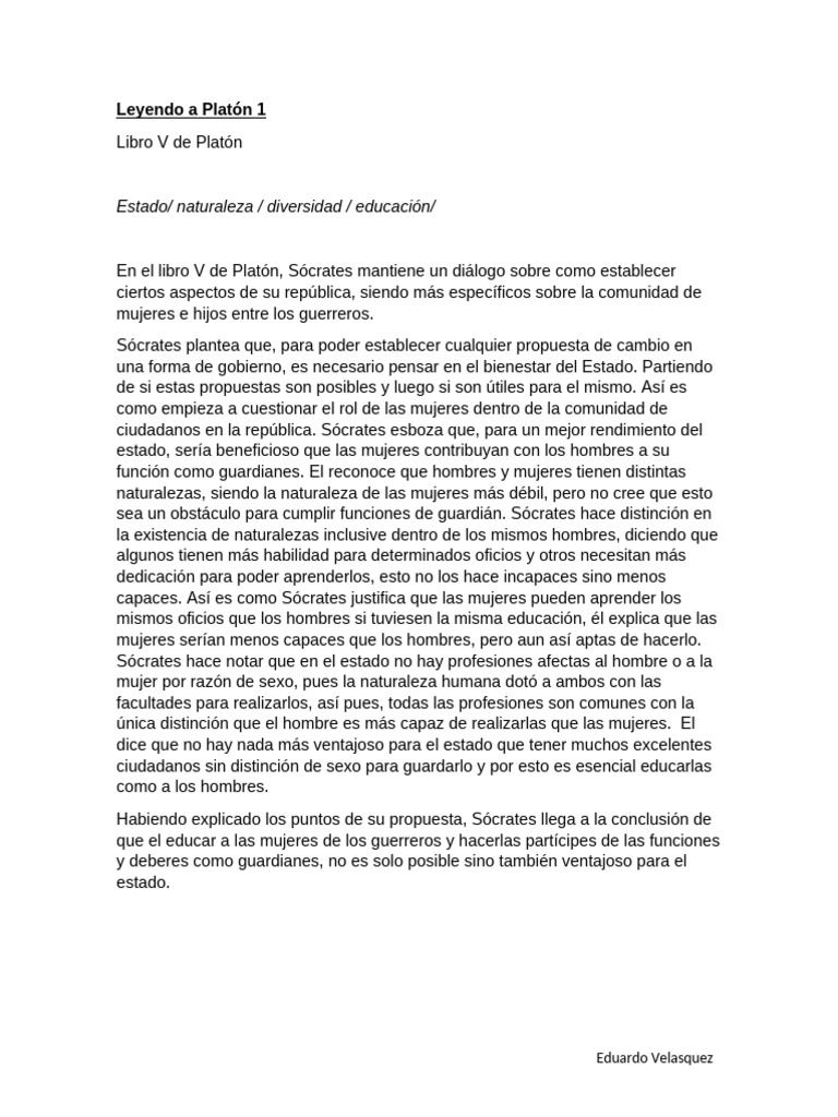 Filosofía - Leyendo A Platón 1 - Eduardo Velasquez | PDF