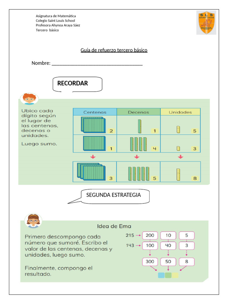 Guía de Matemáticas: Sumas Tercero Básico | PDF