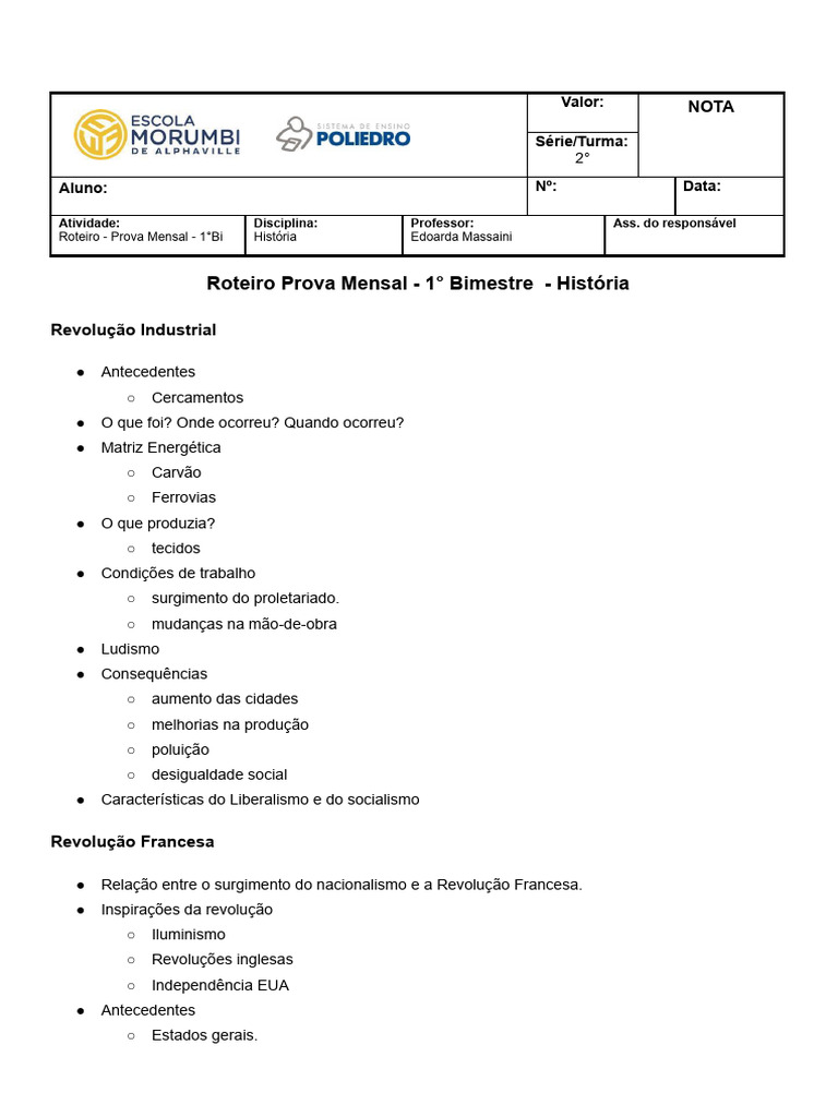 2025 - M - História - Roteiro Prova Mensal - 1°bi | PDF