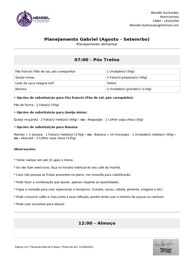 Plano Alimentar - Gabriel Crespo | PDF | Mostarda (condimento) | Alimentos