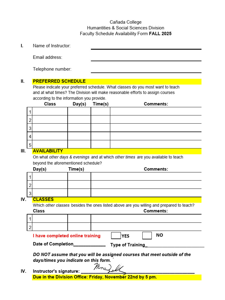 Faculty Availability Form Fall 2025-Fillable | PDF