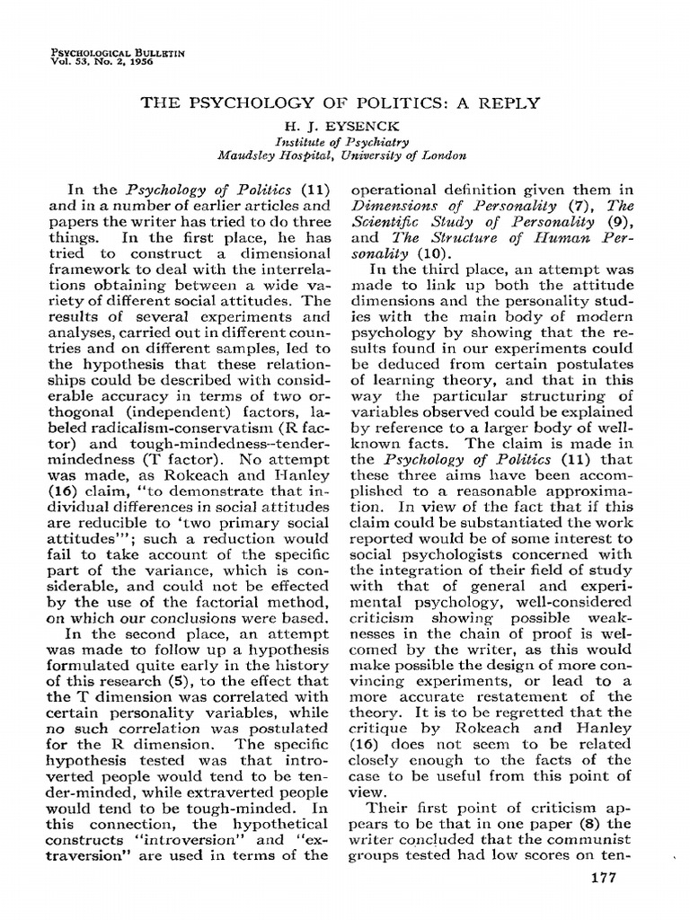 1956 Eysenck - The Psychology of Politics Reply Psychological Bulletin ...
