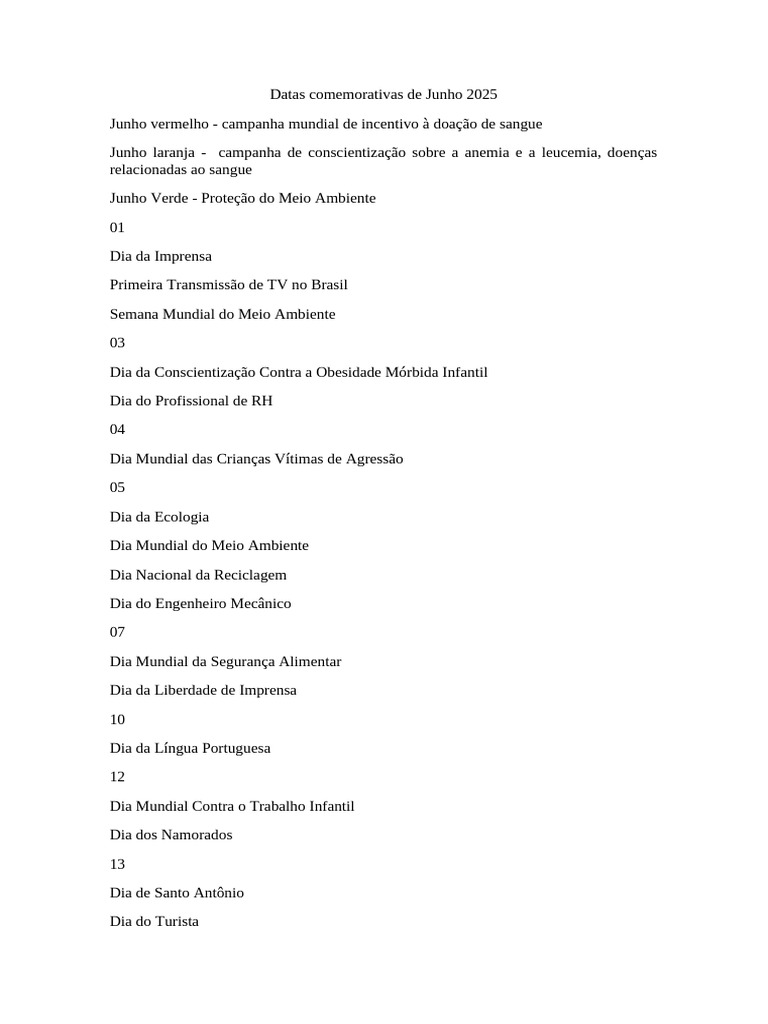 Datas Comemorativas de Junho 2025 | PDF
