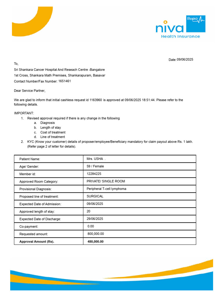 Cashless Approval 1163960 USHA 103290 | PDF | Insurance | Identity Document