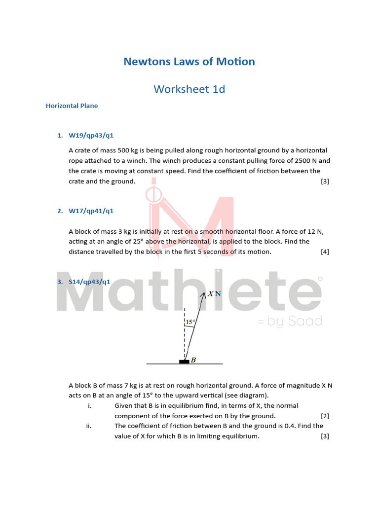 Worksheet 1d-Horizontal - Plane | PDF | Force | Motion (Physics)