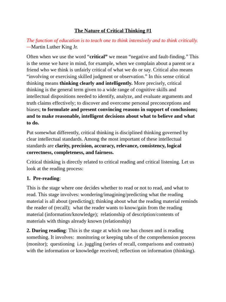 Critial Thinking Handout - Reading Listening | PDF | Critical Thinking ...