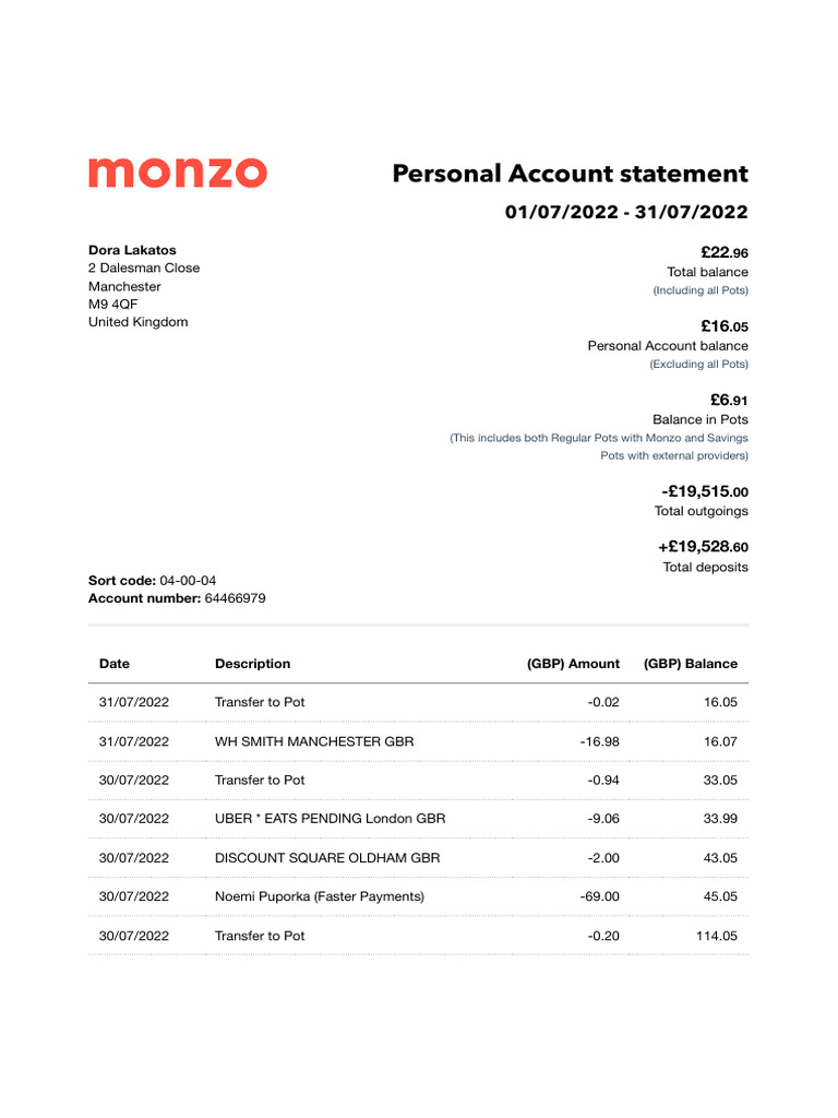 Monzo Bank Statement 2022 07 01-2022 07 31 1701 | PDF | Deposit Account ...