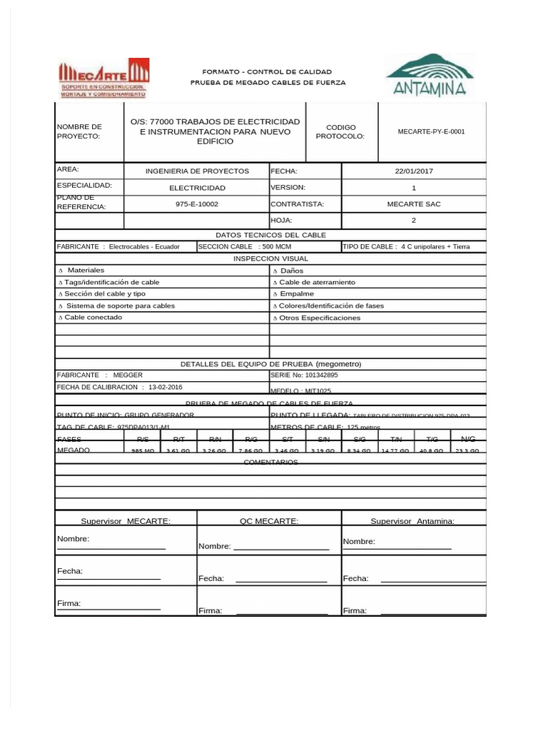 PDF Protocolo Prueba de Megado de Cables de Fuerza 975 Dpa 013 | PDF | Ingenieria Eléctrica