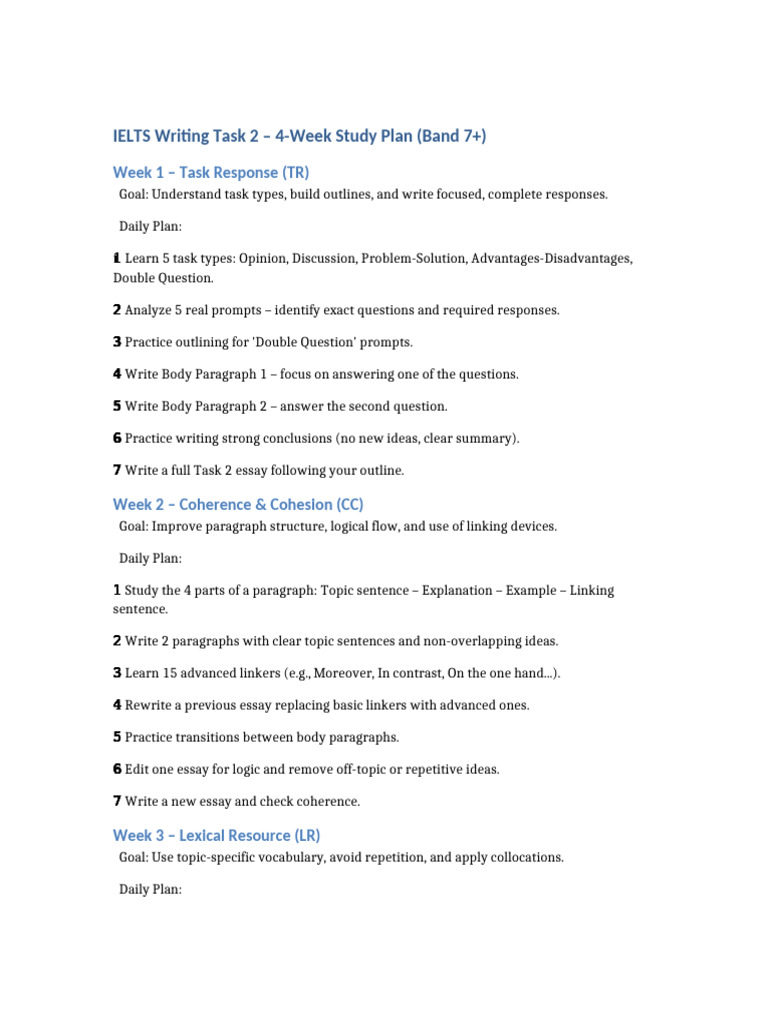 IELTS Writing 4 Week Study Plan Band 7+ | PDF