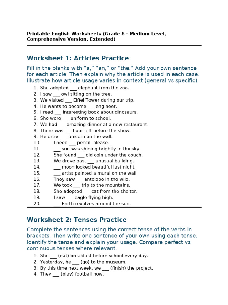 Grade 8 English Worksheets Overview | PDF | Adverb | Linguistics