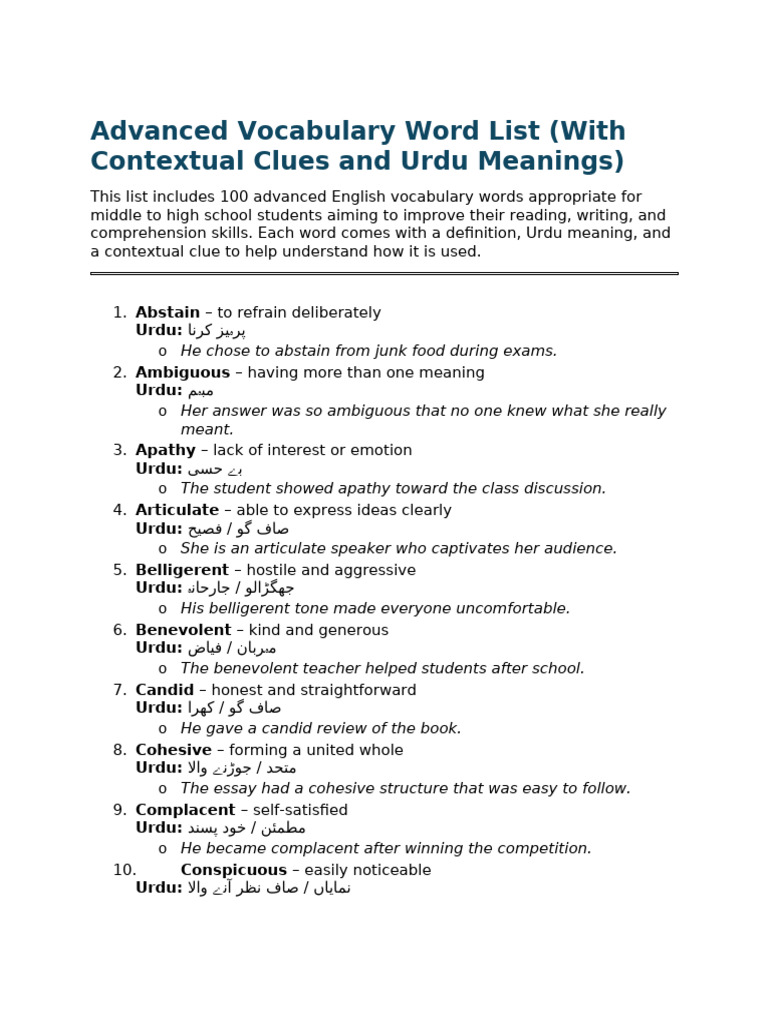 Advanced Vocabulary List | PDF | Learning | Cognition