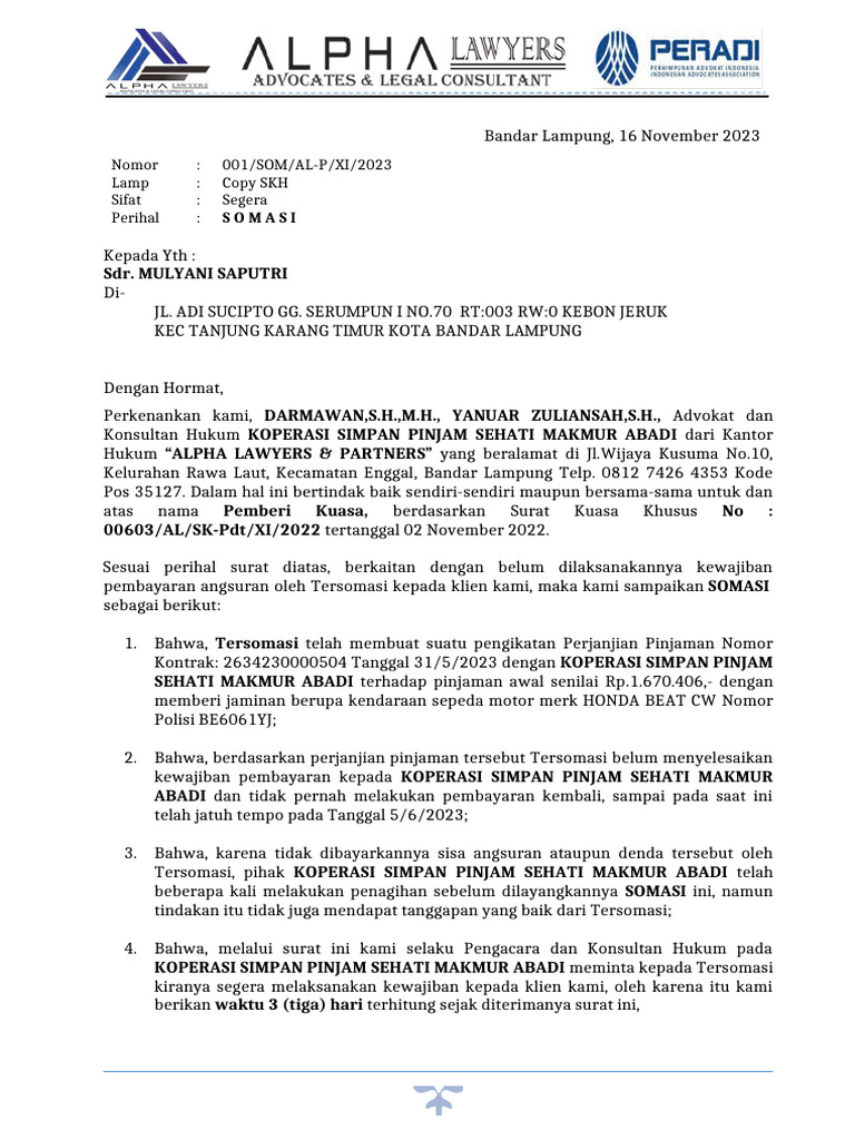 Somasi 1 Sehati Kop Alpha | PDF