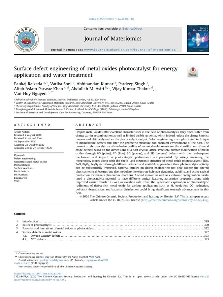 Pankaj 2021, Surface Defect Engineering of Metal Oxides Photocatalyst ...