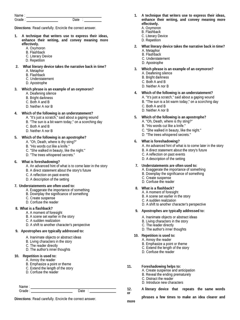 Literary Devices Quiz for Students | PDF