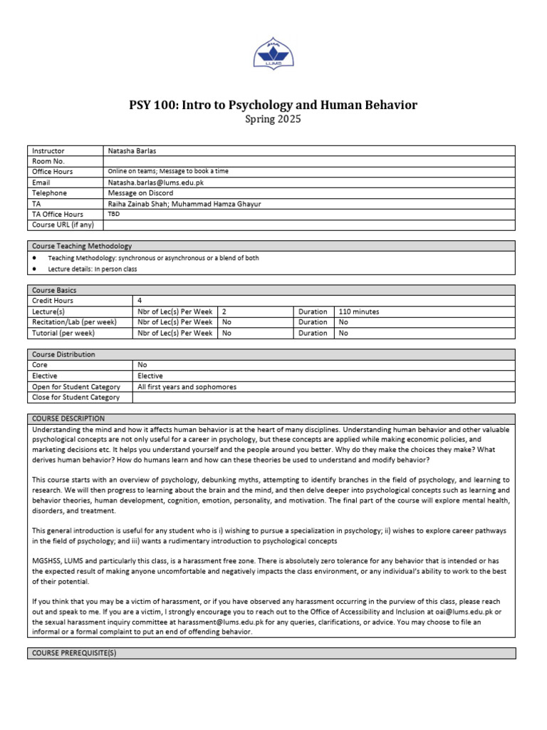Intro to Psychology Course at LUMS | PDF | Psychology | Harassment