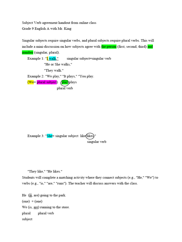 Subject Verb Agreement Handout From Online Class | PDF | Grammatical ...