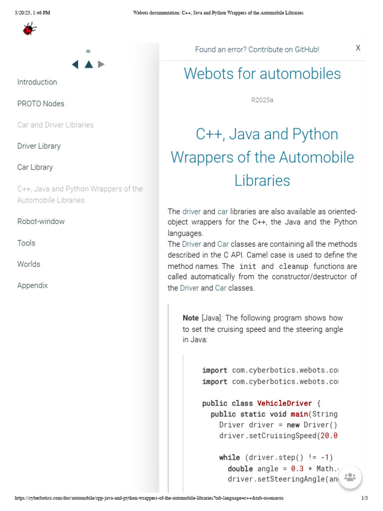 Webots Documentation - C++, Java and Python Wrappers of The Automobile Libraries | PDF | Method ...