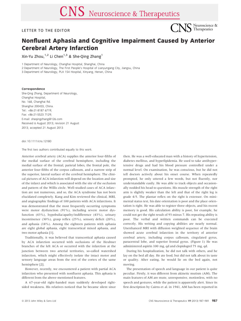 CNS Neuroscience Therapeutics - 2013 - Zhou - Nonfluent Aphasia and ...