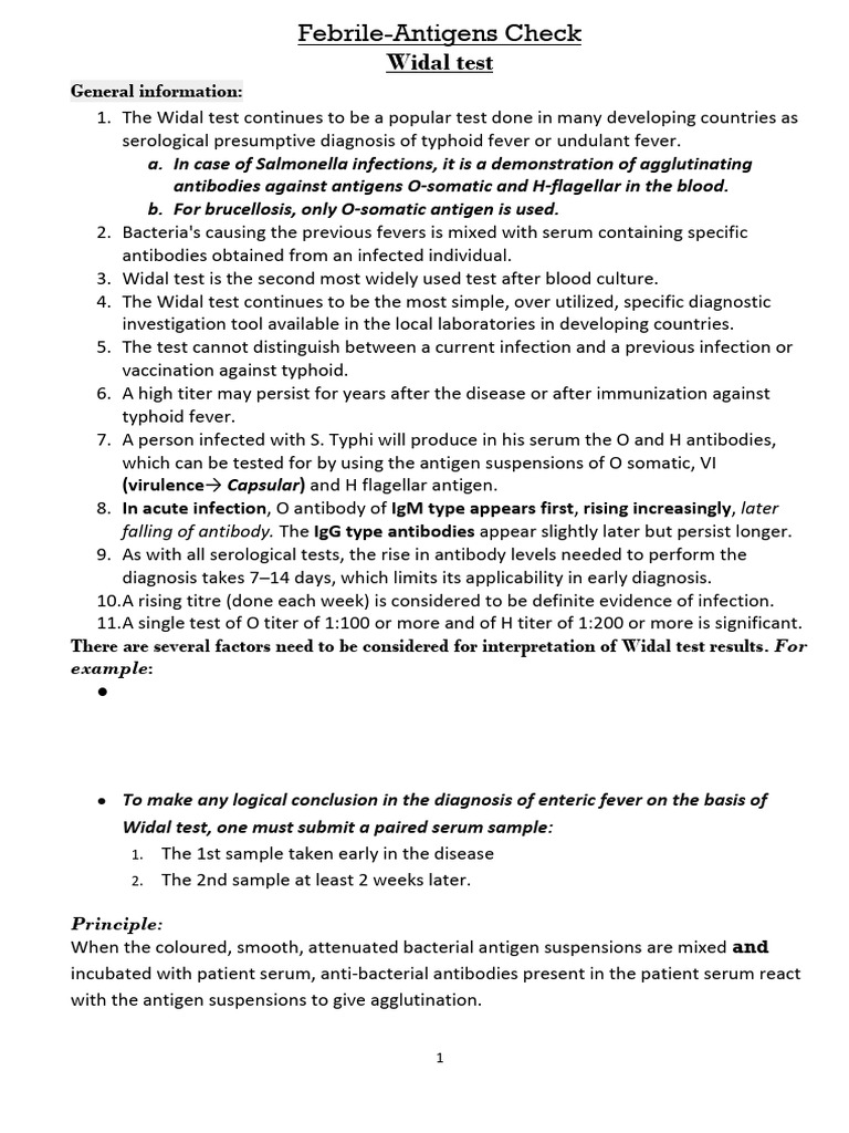 Widal Test for Typhoid Diagnosis Guide | PDF | Serology | Clinical Medicine