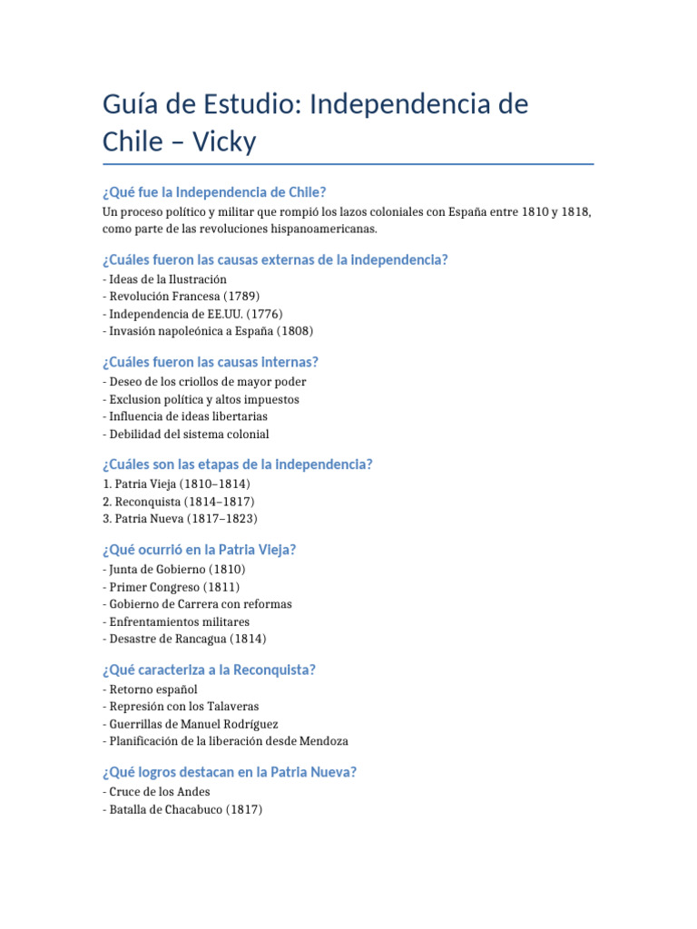 Guia Estudio Independencia Chile Vicky-1 | PDF