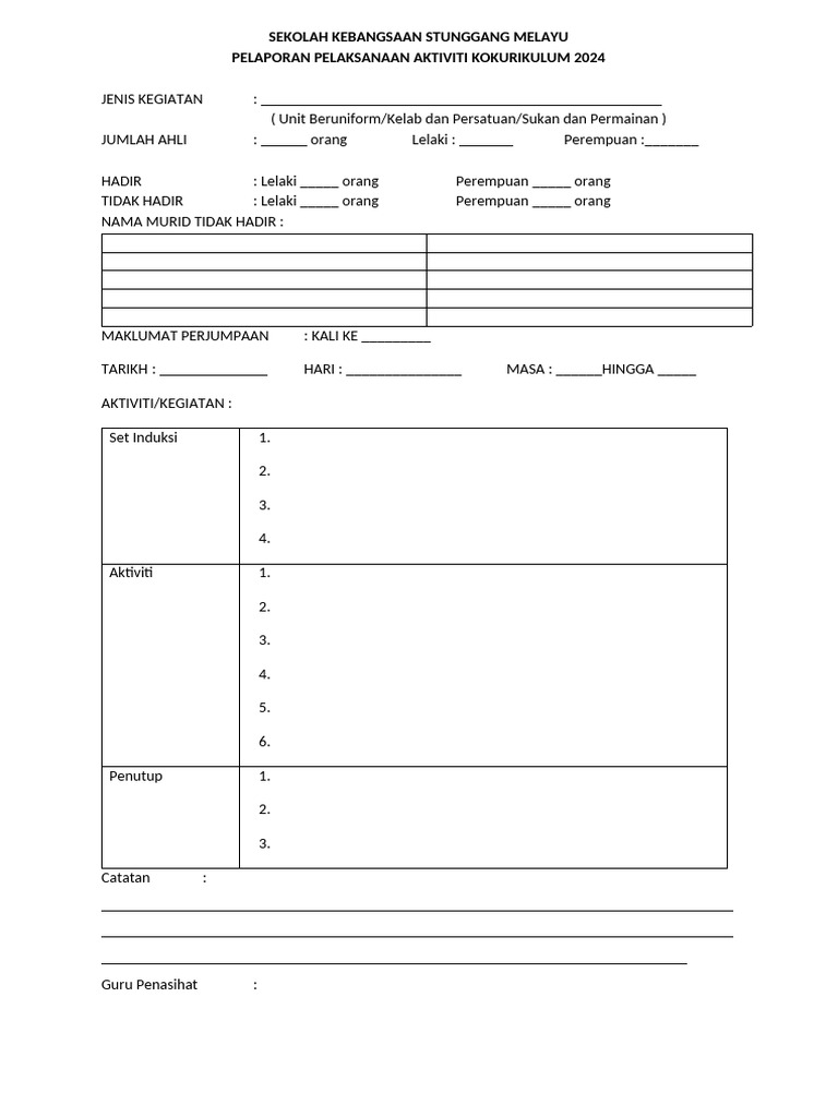 Pelaporan Pelaksanaan Aktiviti Kokurikulum 2024 | PDF