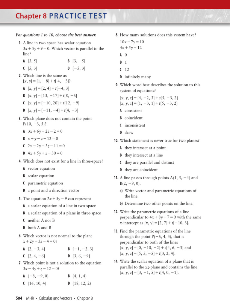 Calculus and Vectors Chapter 8 Practice Test | PDF | Line (Geometry ...