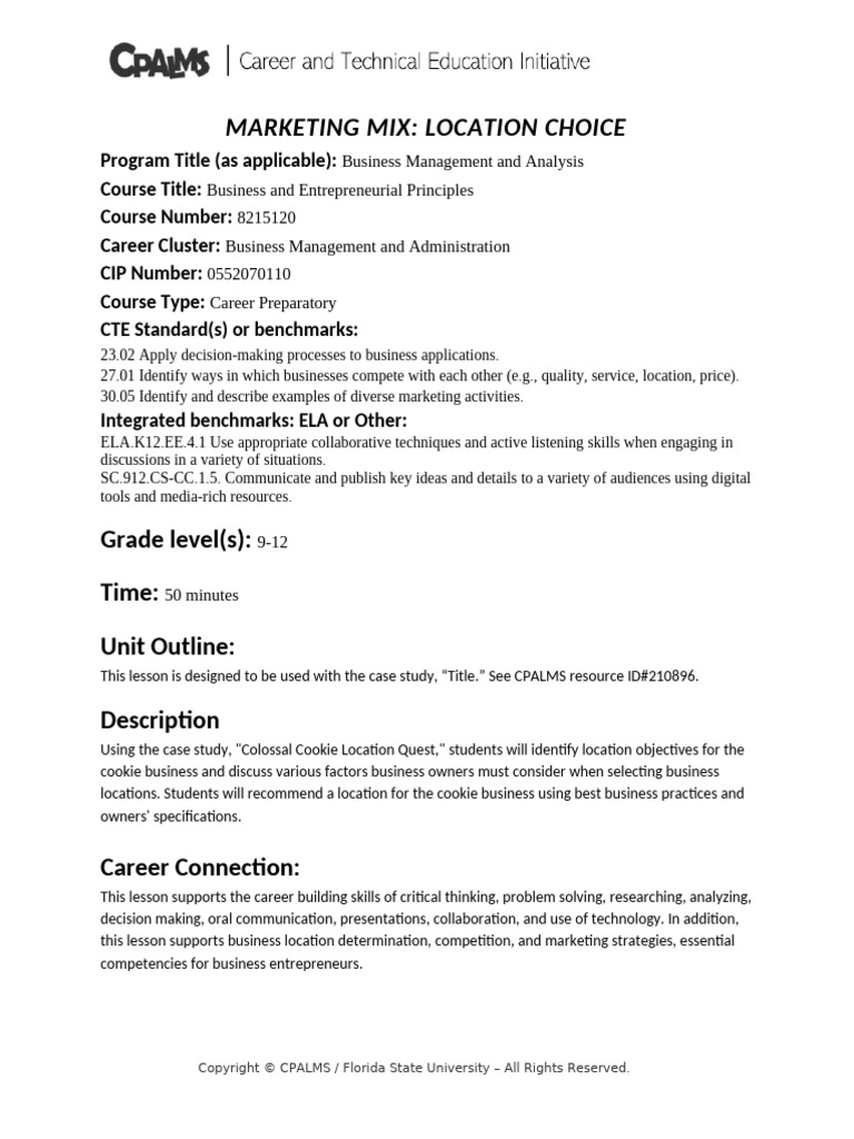 Case Study Cte Lesson Marketing Mix Location Choice | PDF | Marketing ...