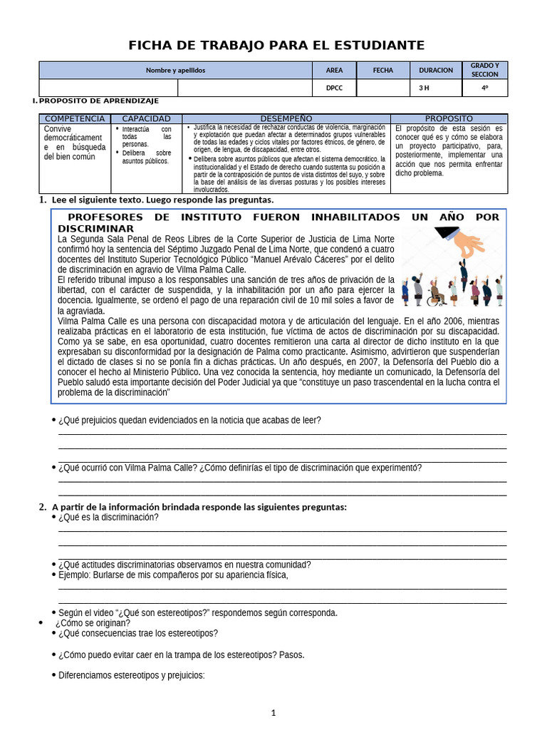 Unidad 7 - Ficha - Sem 2 - DPCC 4° | PDF | Discriminación | Matemáticas