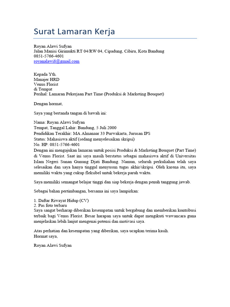 Surat Lamaran Kerja Part Time Royan Sufyan | PDF