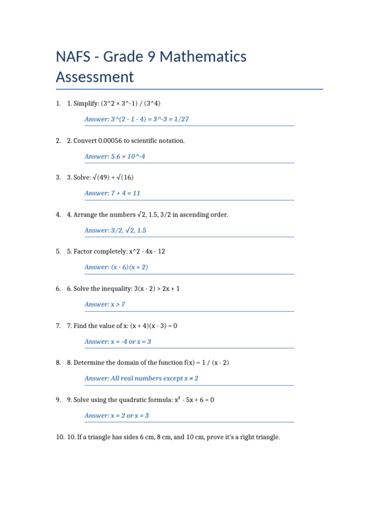NAFS Grade9 Math Assessment | PDF