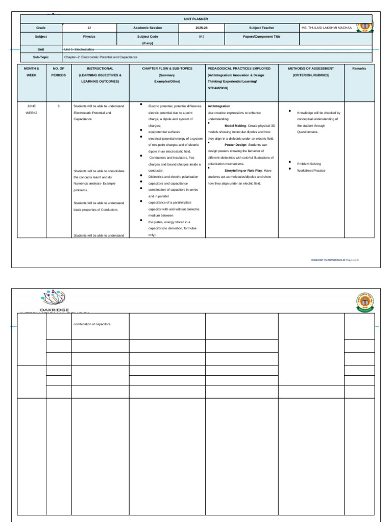 Grade 12 - Physics - UNIT PLANNER - CHAPTER2 | PDF | Capacitor | Dielectric