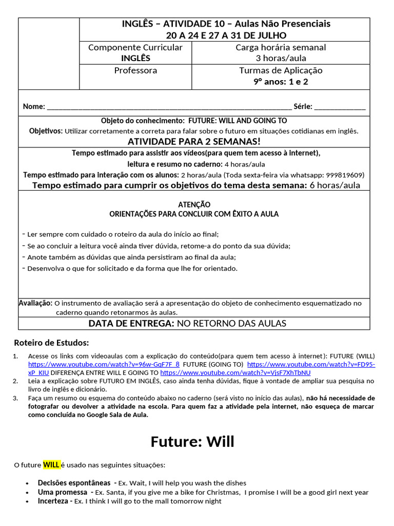 9º Ano Future - Will and Going To | PDF | Assunto (gramática) | Música ...