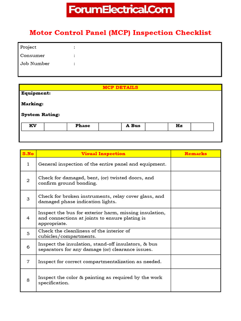 Motor Control Panel MCP Inspection Checklist | PDF | Electrical Engineering | Manufactured Goods