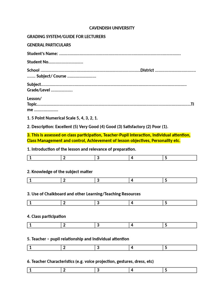 Cavendish University Grading Guide | PDF | Teachers | Chess Theory