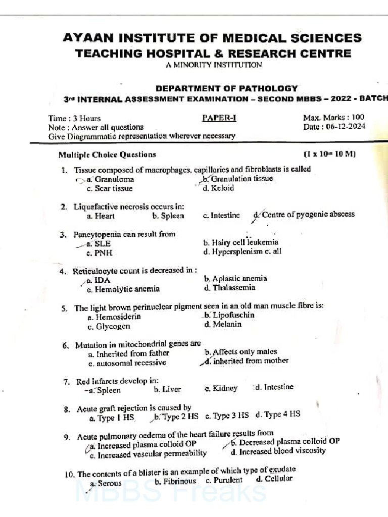 Pathology Paper 1 Practice Papers at MBBS Freaks ?? | PDF