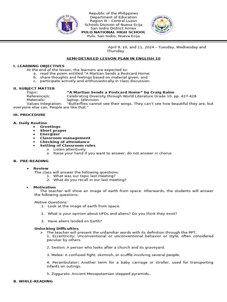 w2d3-4 Eng10q3 (A Martian Sends A Postcard Home) | PDF