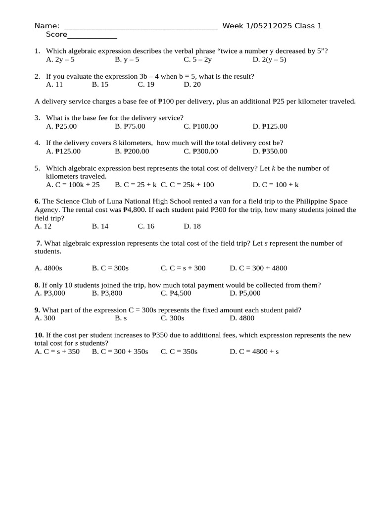 Week 1 Care +1 Math g7 g8 | PDF