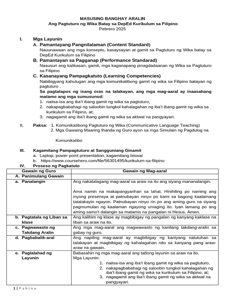 Banghay Aralin Ang Pagtuturo NG Wika Batay Sa DepEd Kurikulum Sa Filipino | PDF