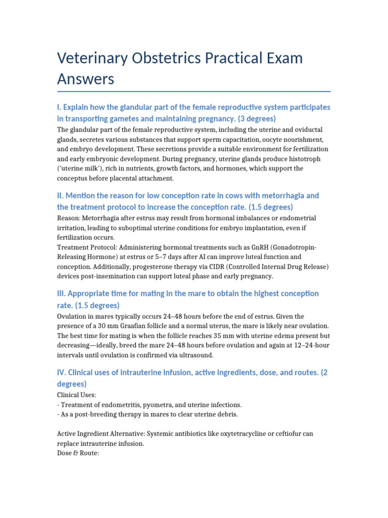 Veterinary Obstetrics Exam Answers | PDF | Fertilisation | Uterus