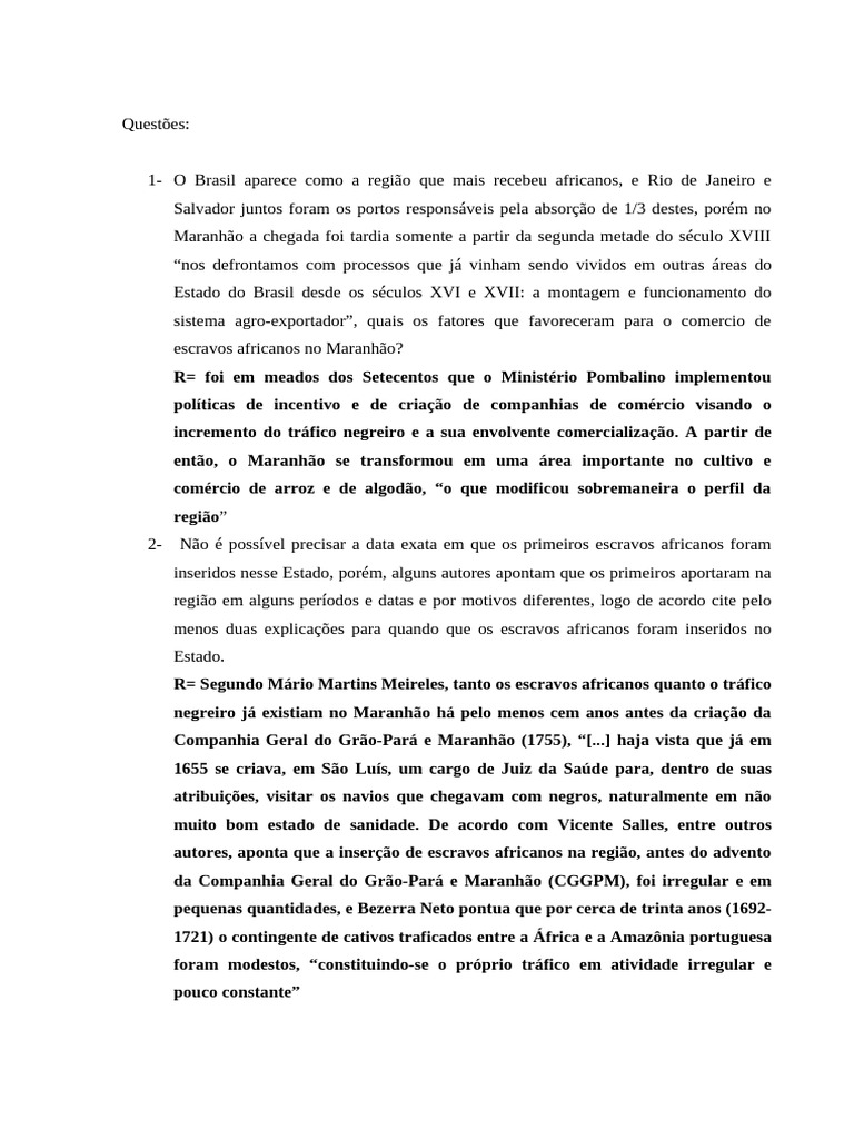 História Do Maranhão Colonial - Questões Sobre Rotas Negreiras e Comercio Africano para o ...