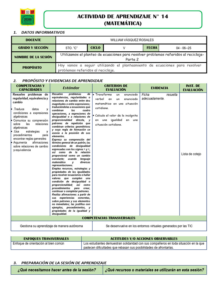 ACT MAT 2-Utilizamos El Planteo de Ecuaciones para Resolver Problemas Referidos Al Reciclaje ...