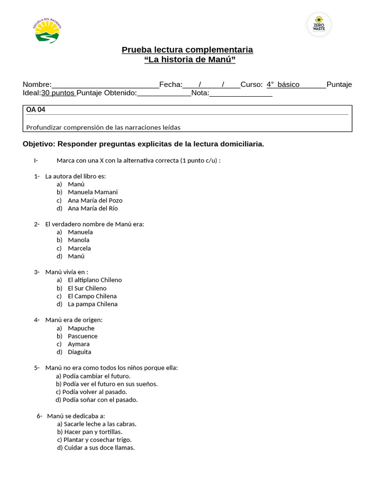 Prueba de Lectura Complementaria La Historia de Manu | PDF