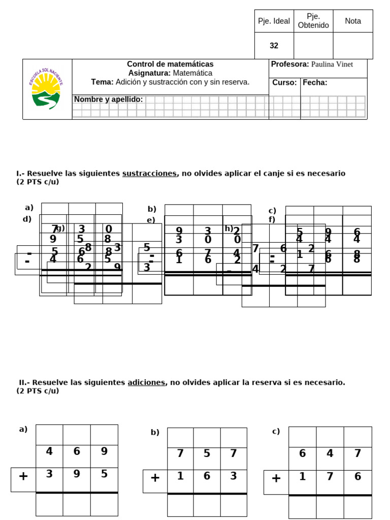 Prueba Sumas y Restas Con Resevas | PDF