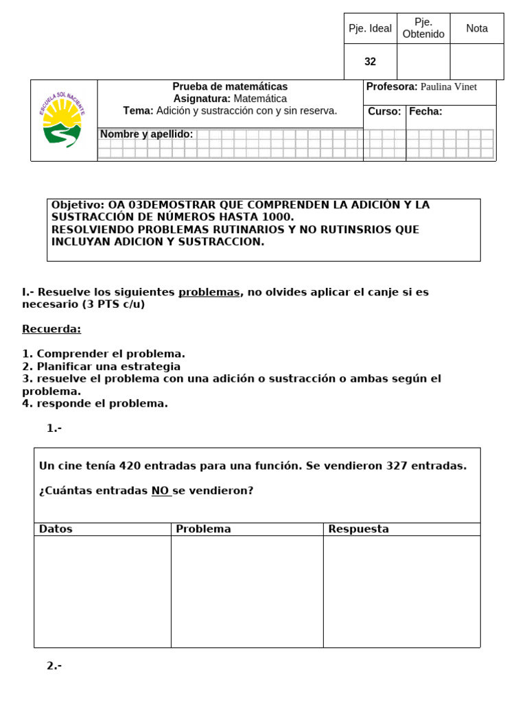 Prueba Problemas de Adicion y Sustraccion | PDF