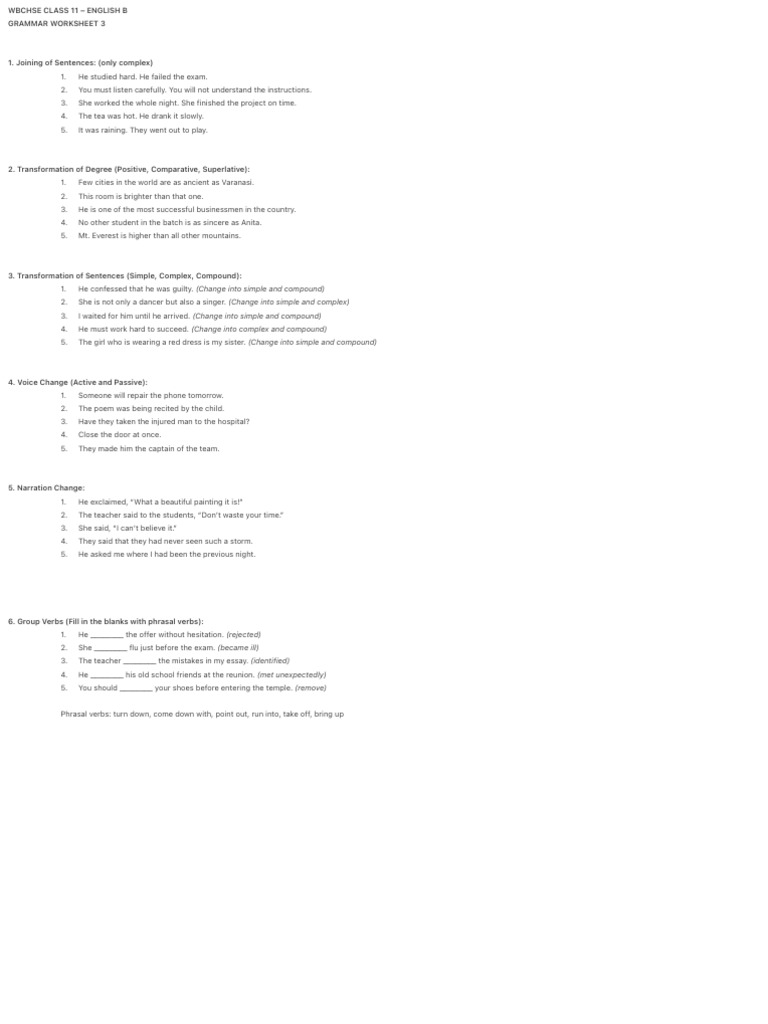 Class 11 English B Grammar Worksheet | PDF | Languages | Foreign ...