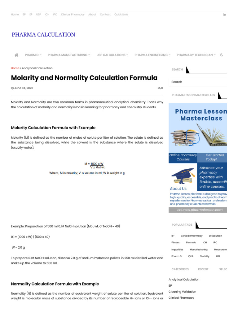 Molarity and Normality Calculation Formula | PDF | Mole (Unit) | Sodium ...