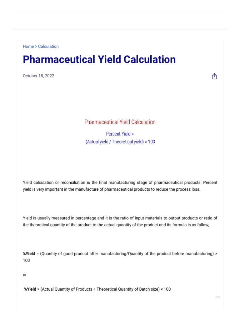 Pharmaceutical Yield Calculation | PDF | Percentage
