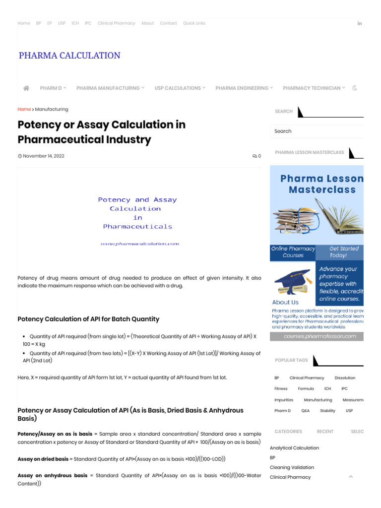 Potency or Assay Calculation in Pharmaceutical Industry | PDF | Assay ...