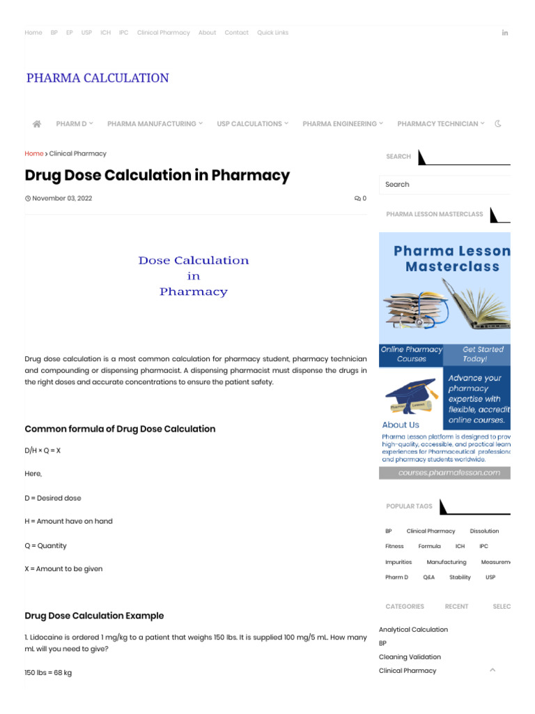 Drug Dose Calculation in Pharmacy | PDF | Pharmacy | Dose (Biochemistry)
