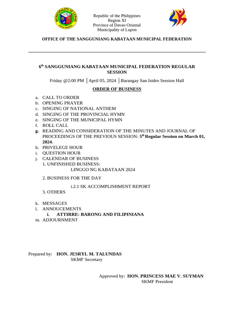 Lupon SK Municipal Federation Session Agenda | PDF